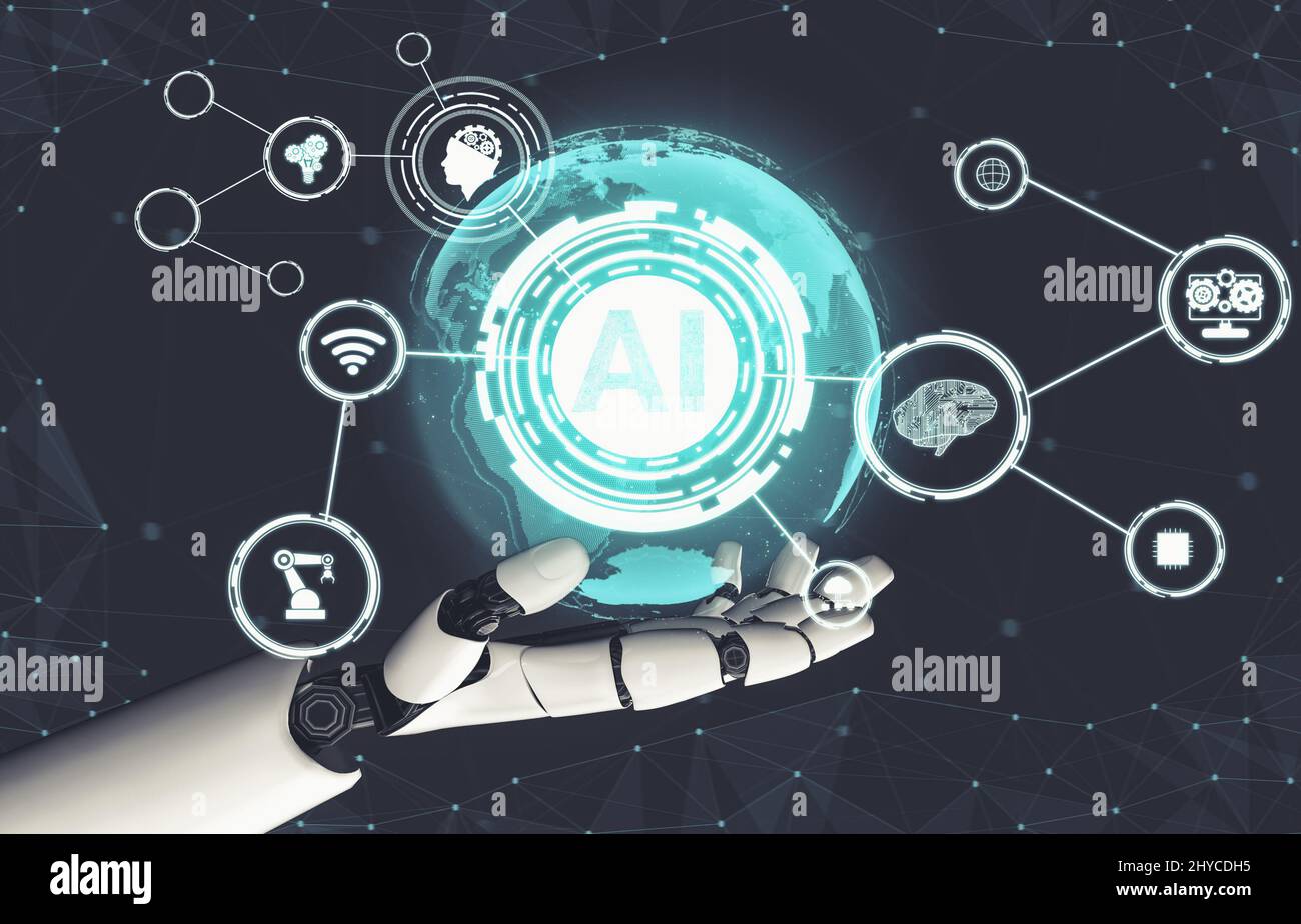 3D rendering futuristic droid robot technology development, artificial ...