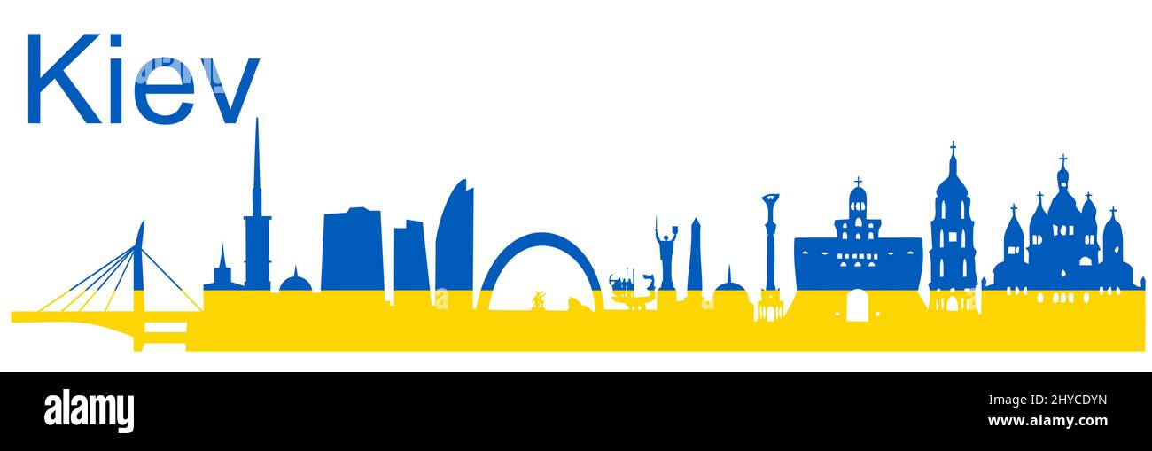 Kiev inscription and skyline of buildings against the backdrop of ...