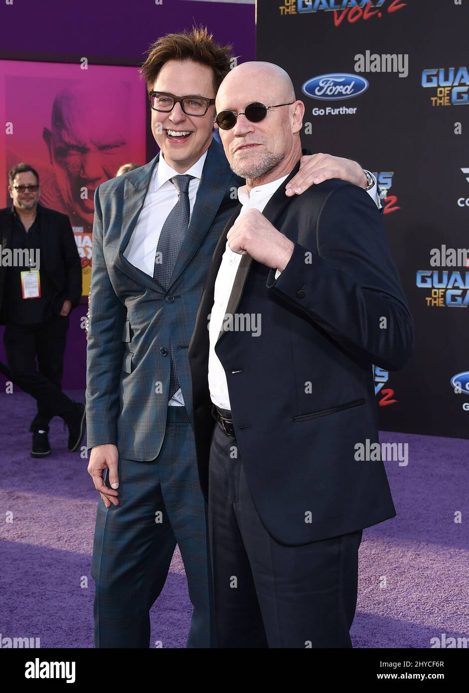 James Gunn and Michael Rooker attending the world premiere of Guardians ...