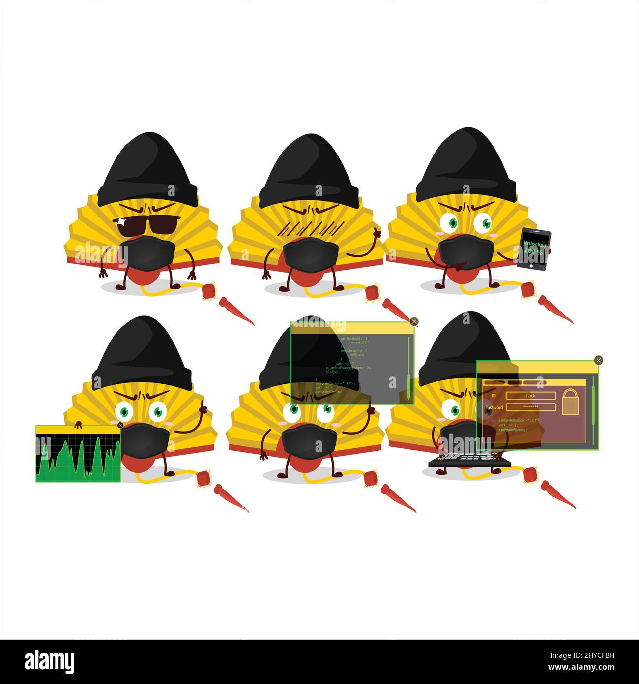 A Hacker yellow chinese fan character mascot with. Vector illustration ...