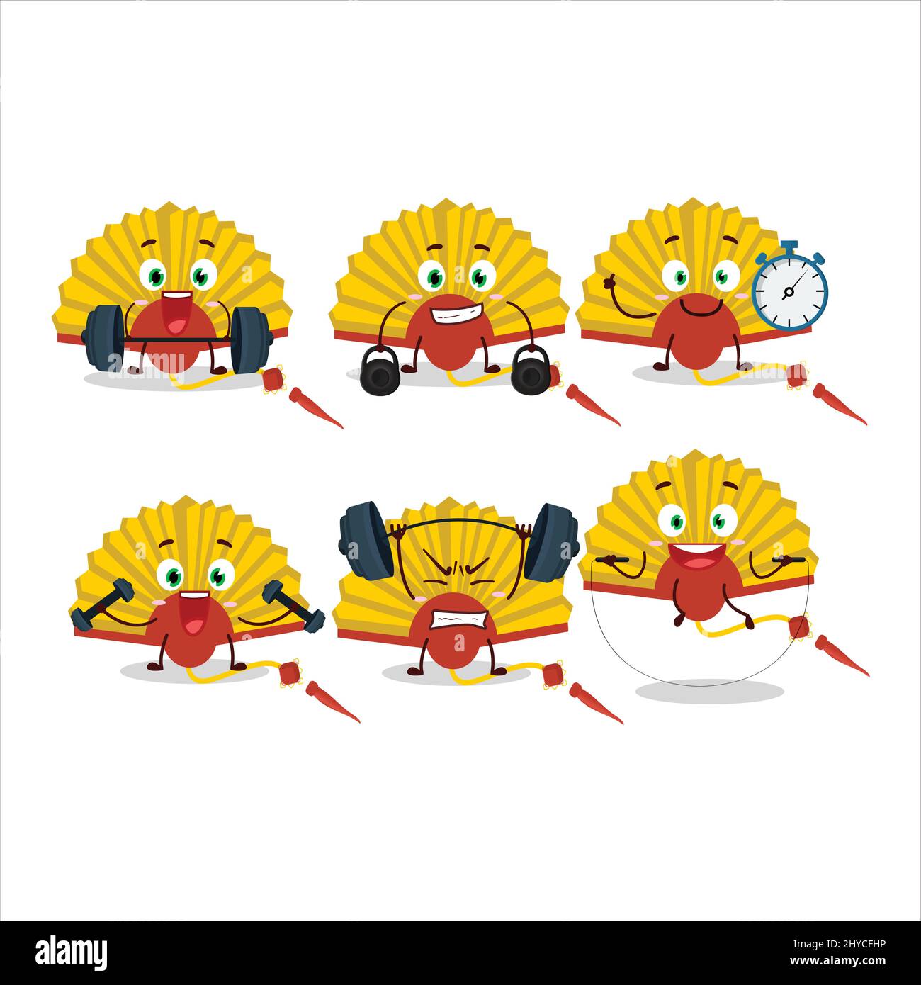 A healthy yellow chinese fan cartoon style trying some tools on Fitness ...