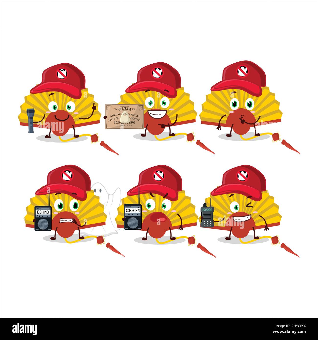 Ghost hunter cartoon yellow chinese fan character using camera. Vector ...