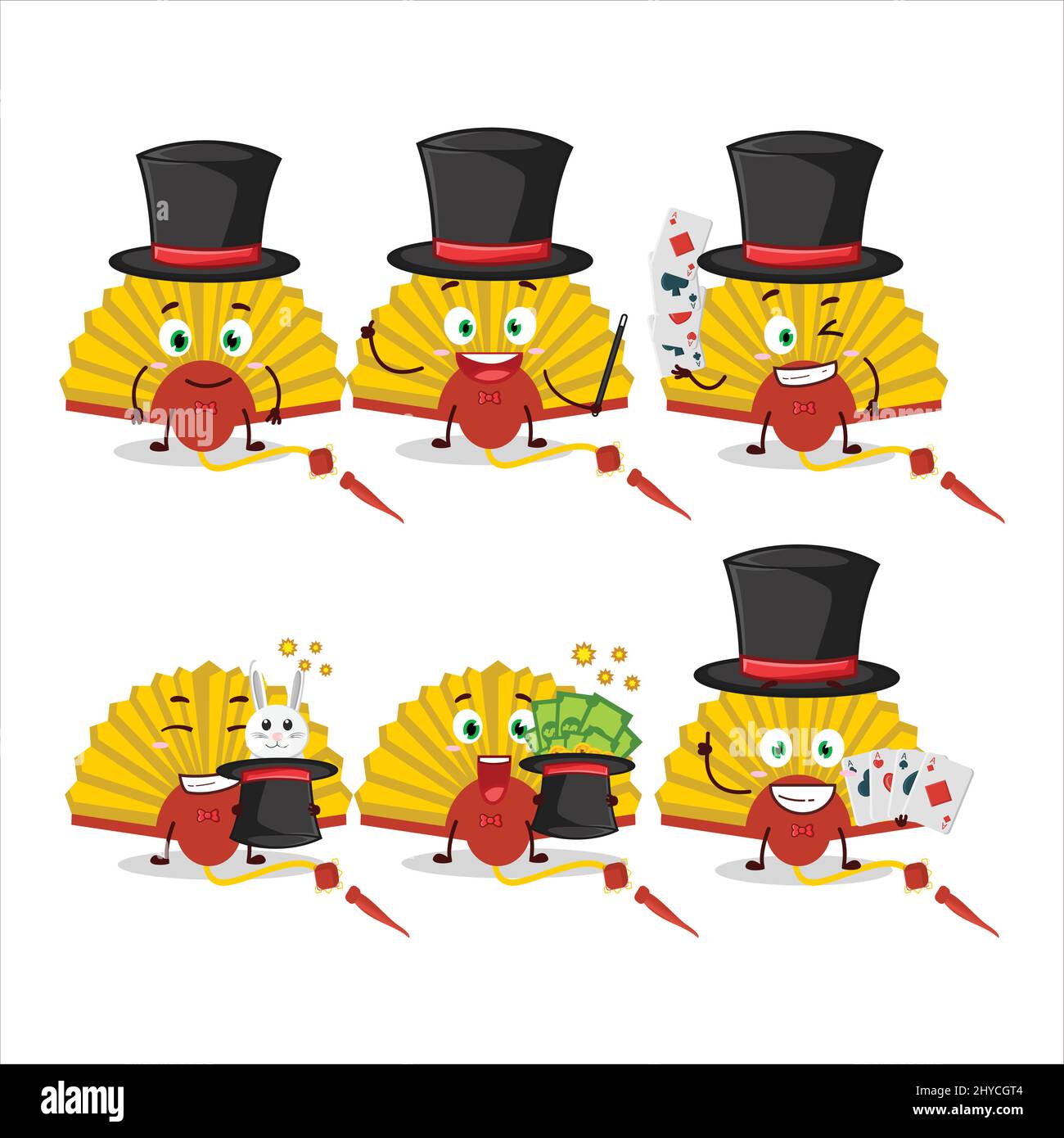 A yellow chinese fan Magician cartoon character perform on a stage ...