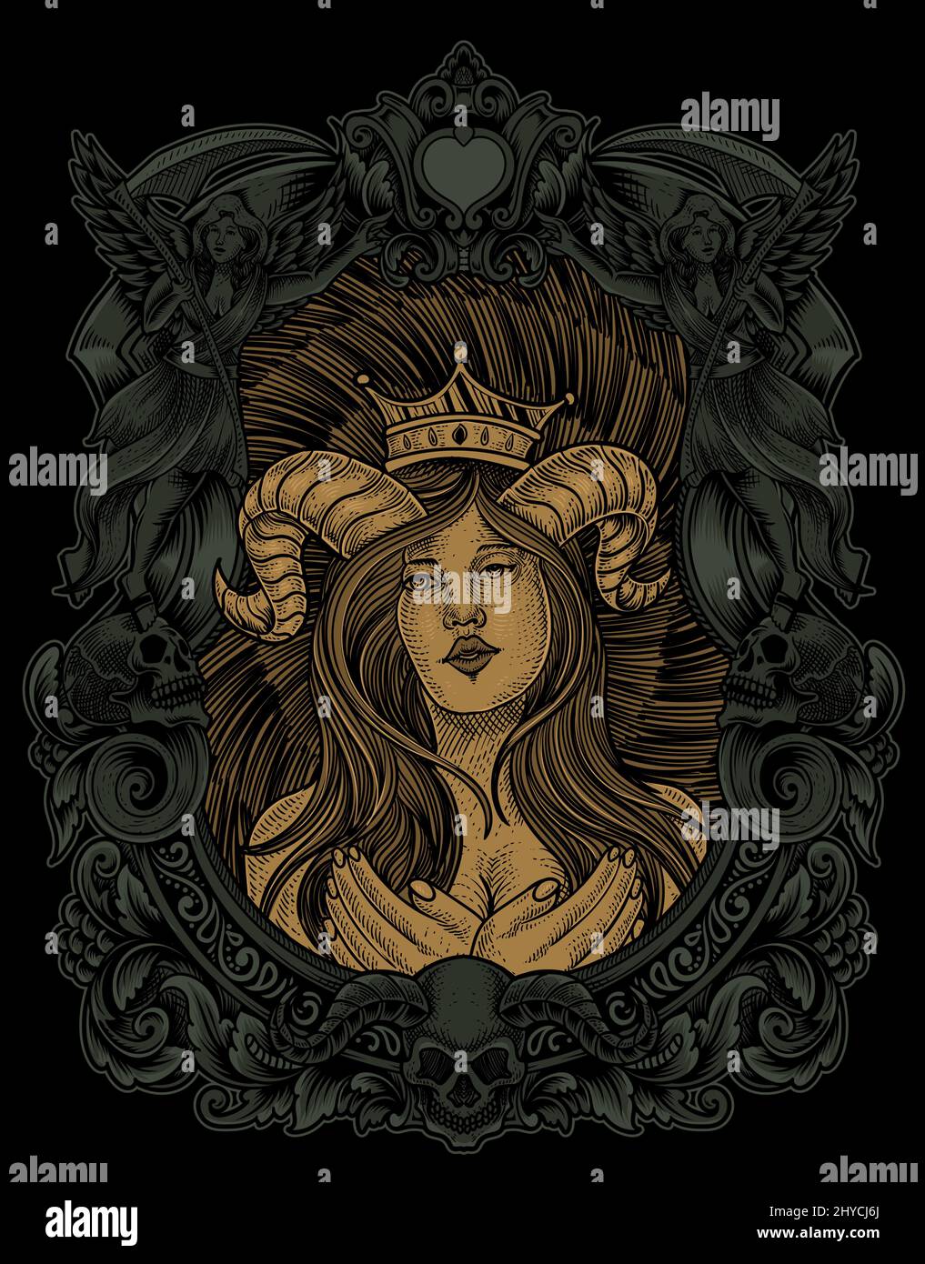 illustration demon girl with engraving style Stock Vector Image & Art ...