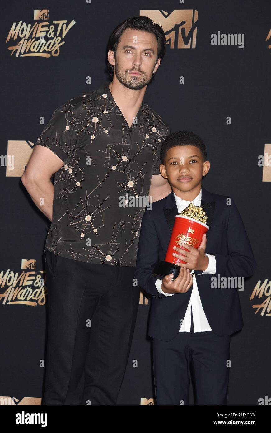 Milo Ventimiglia and Lonnie Chavis in the press room at the 2017 MTV ...