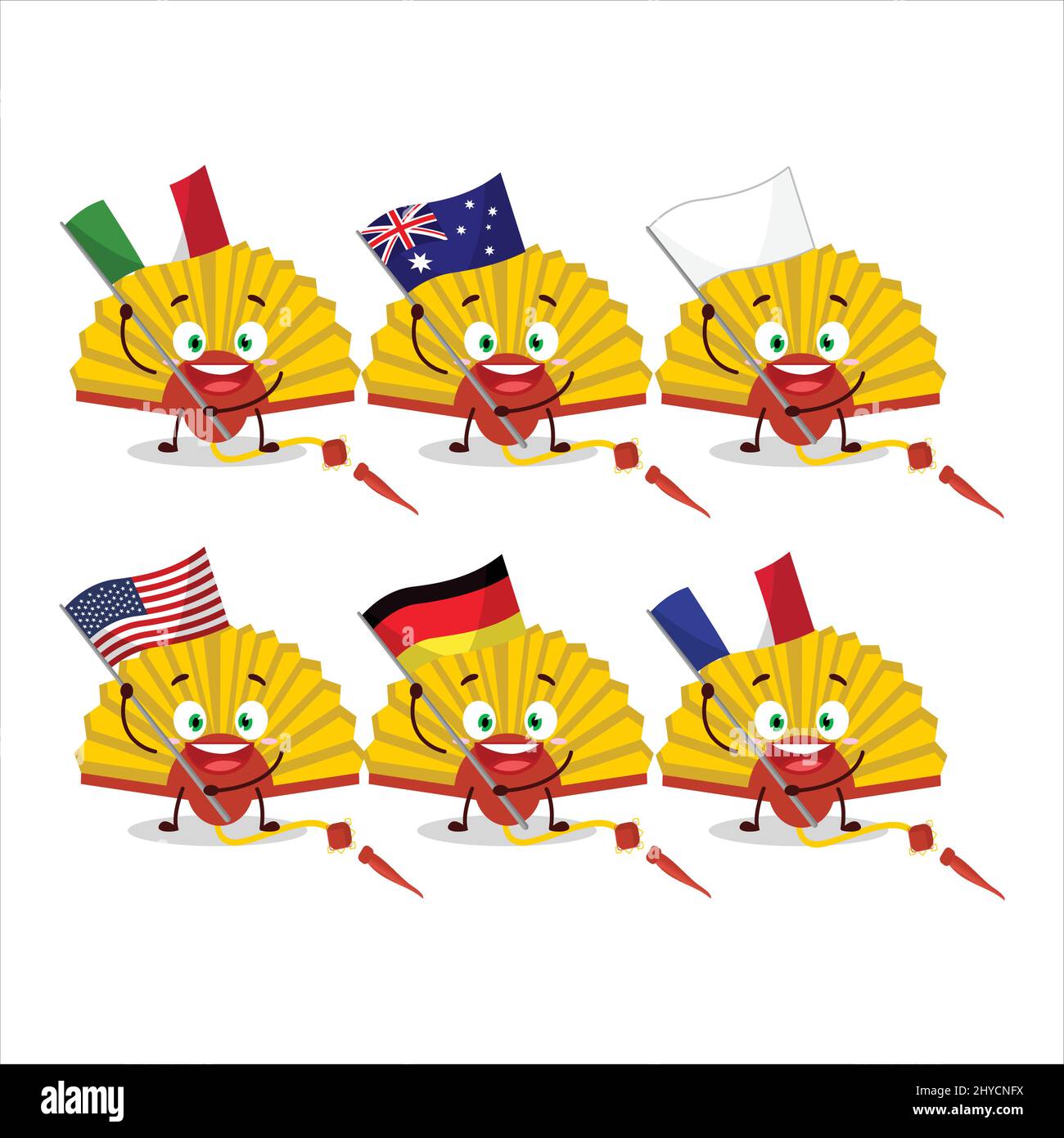 Yellow Chinese Fan Cartoon Character Bring The Flags Of Various