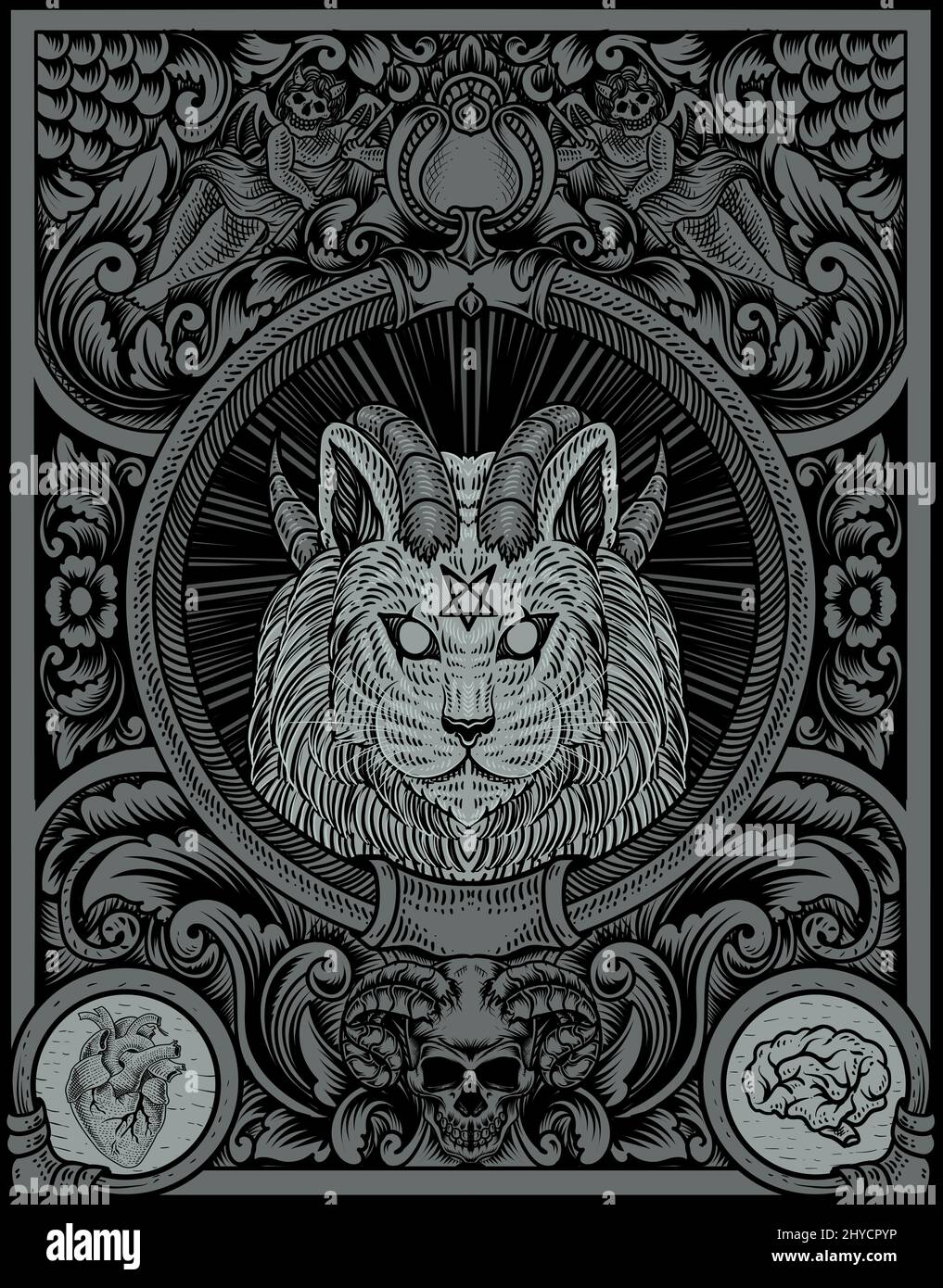 illustration vintage demon cat with engraving style Stock Vector Image ...