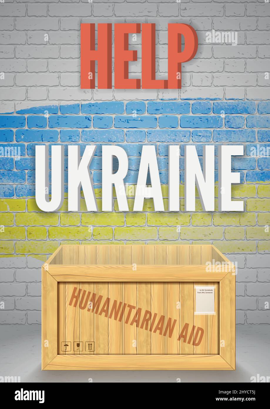 Help Ukraine. Donation for Ukrainian refugees. Blue and yellow flag on ...