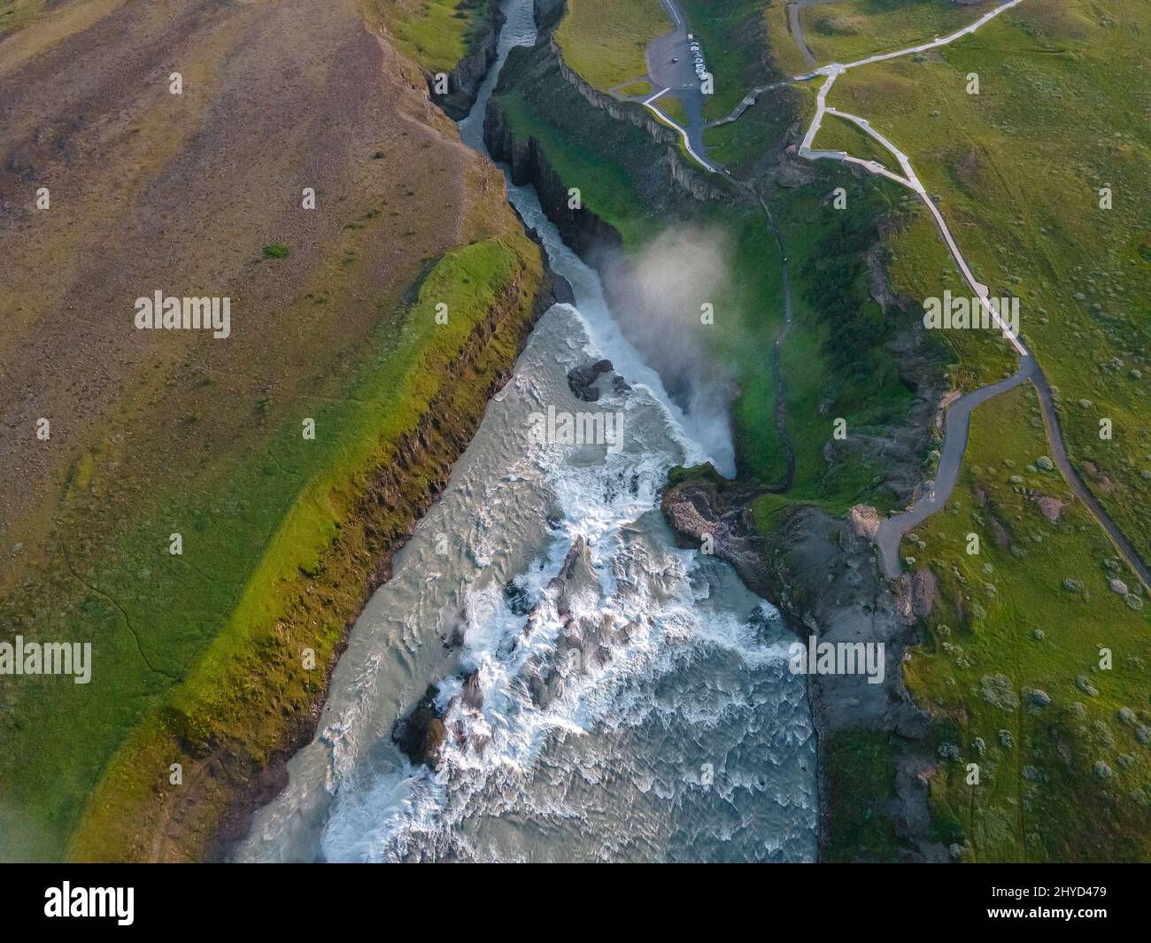 Beautiful cinematic aerial view of Iceland Gullfoss waterfall in the ...