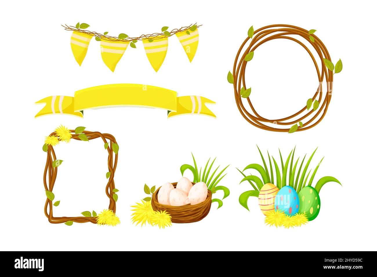 Set Easter decorations frames, banner, hanging flags, nest with flowers ...