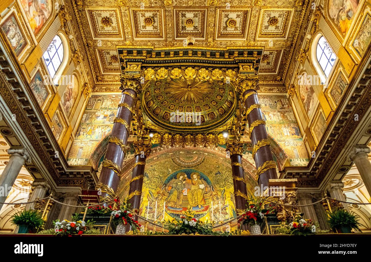 Rome, Italy - May 27, 2018: Apse and presbytery ceiling polychromic ...