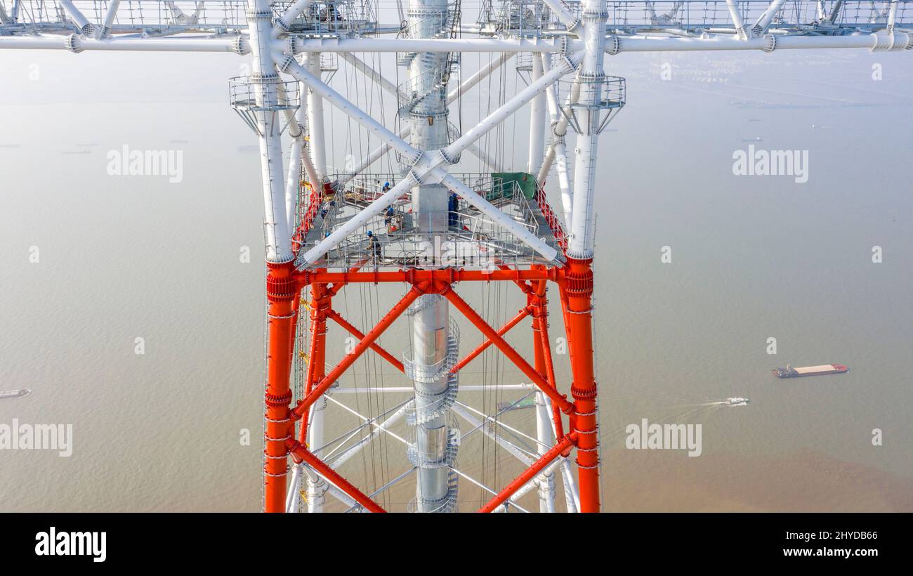 TAIZHOU, CHINA - MARCH 15, 2022 - Workers install an elevator shaft 350 ...