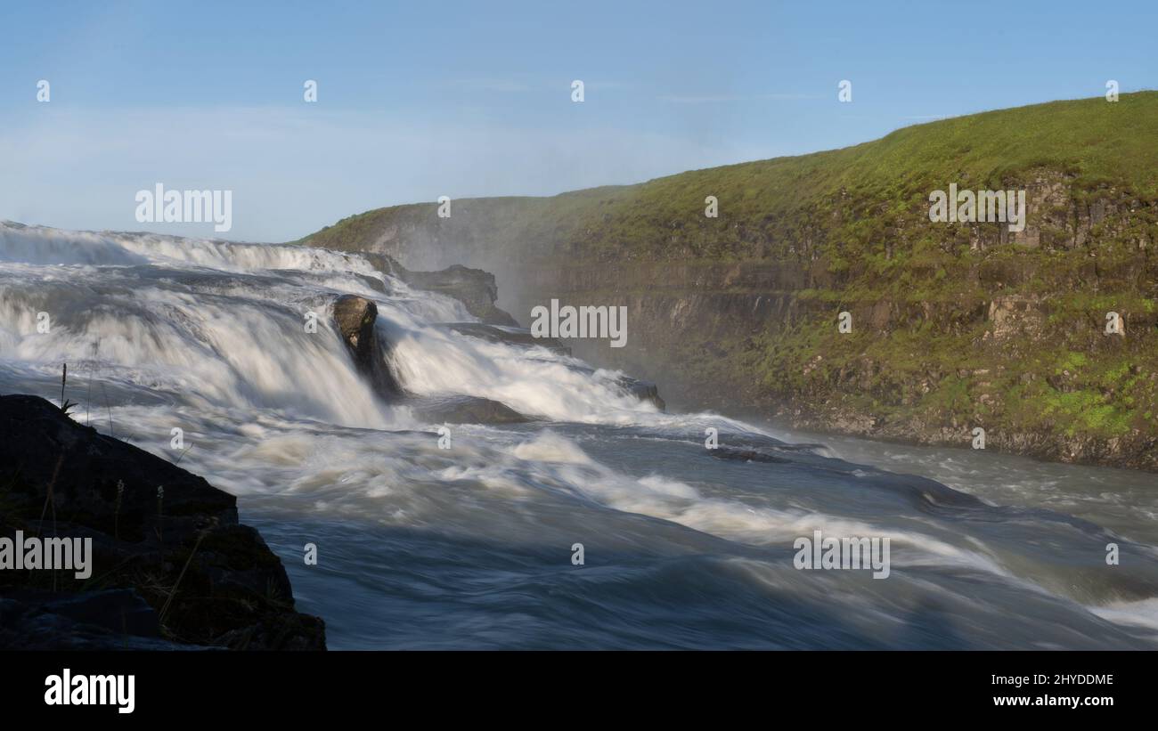 Beautiful cinematic aerial view of Iceland Gullfoss waterfall in the ...