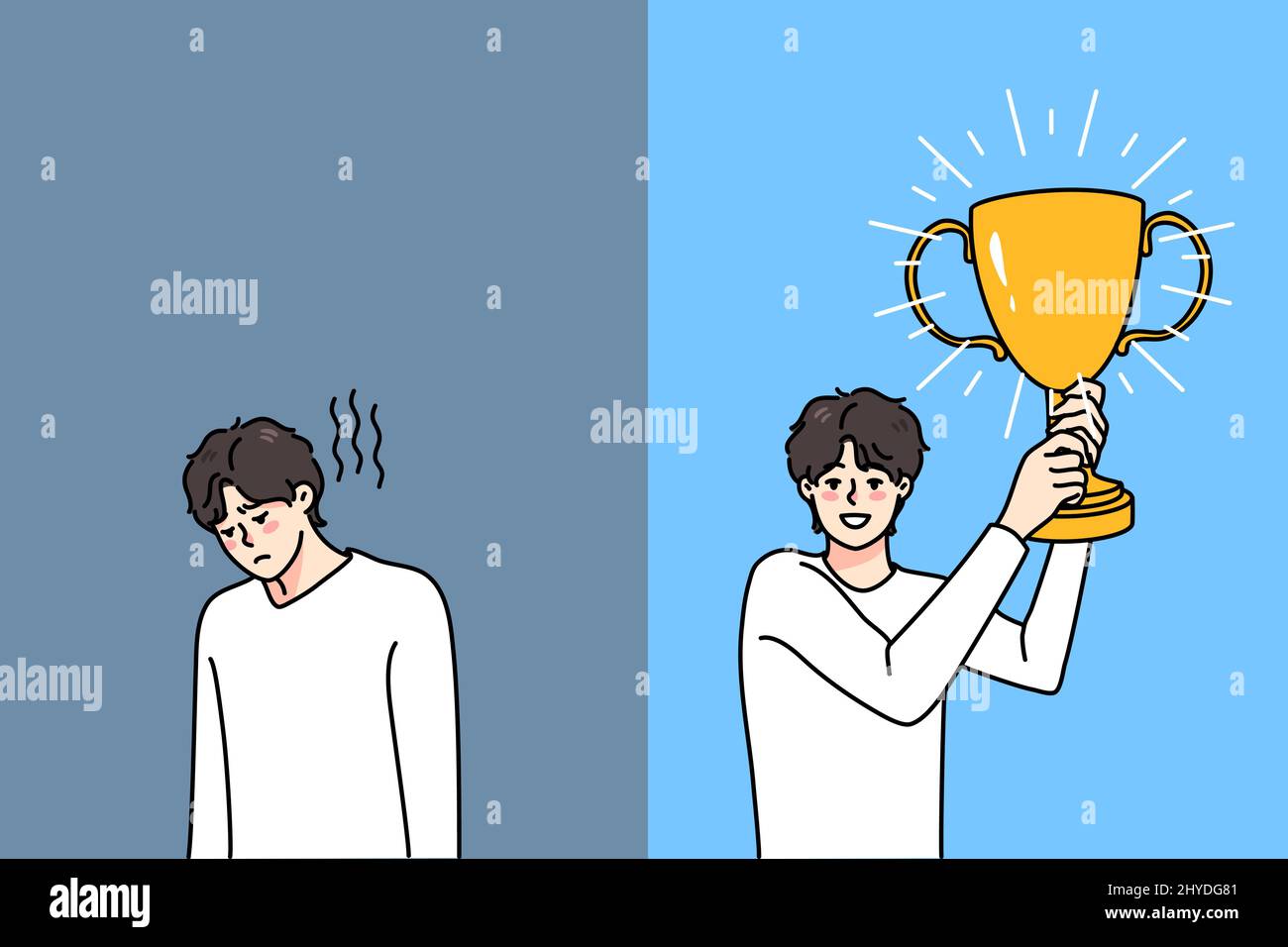 Comparison of unhappy sad man struggle with failure, smiling overjoyed ...