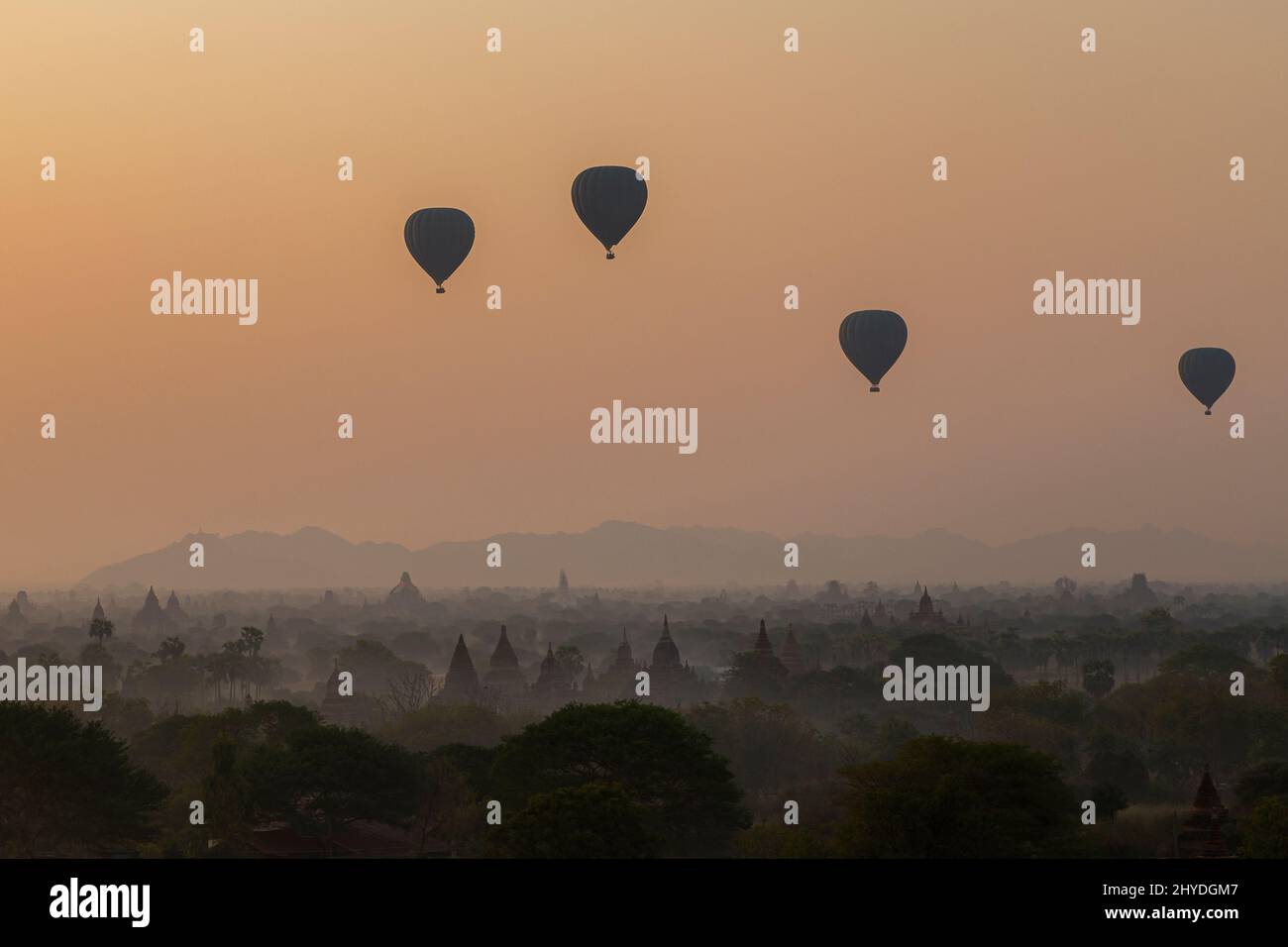 Beautiful view of hot-air balloons over temples and pagodas at the ...