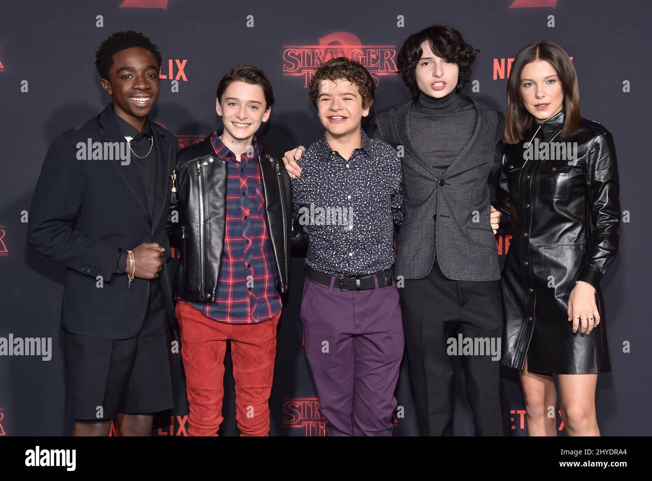 Caleb McLaughlin, Noah Schnapp,Gaten Matarazzo, Finn Wolfhard and Millie Bobby Brown attending ...