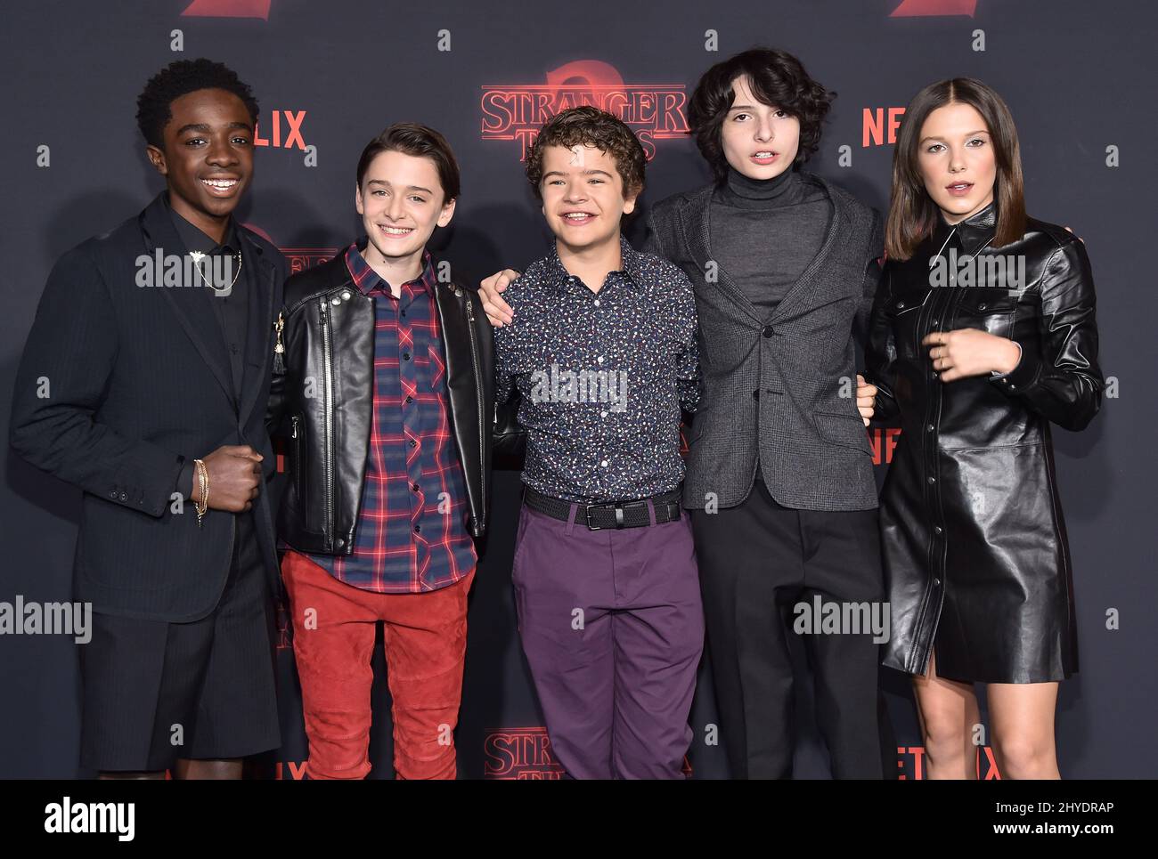 Caleb McLaughlin, Noah Schnapp,Gaten Matarazzo, Finn Wolfhard and Millie Bobby Brown attending ...