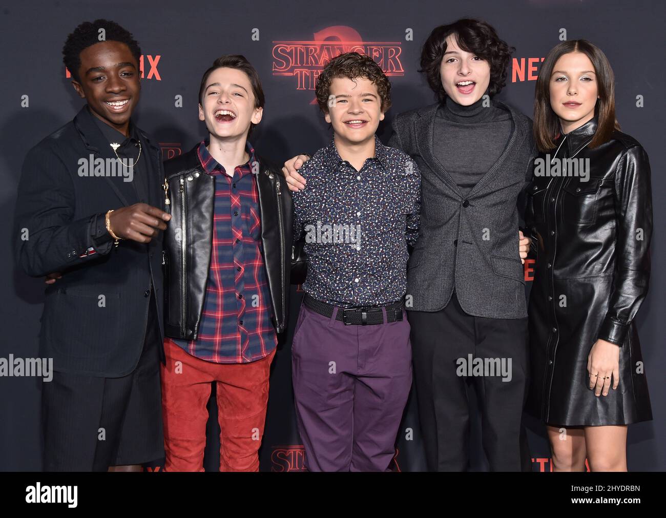 Caleb McLaughlin, Noah Schnapp,Gaten Matarazzo, Finn Wolfhard and Millie Bobby Brown attending ...