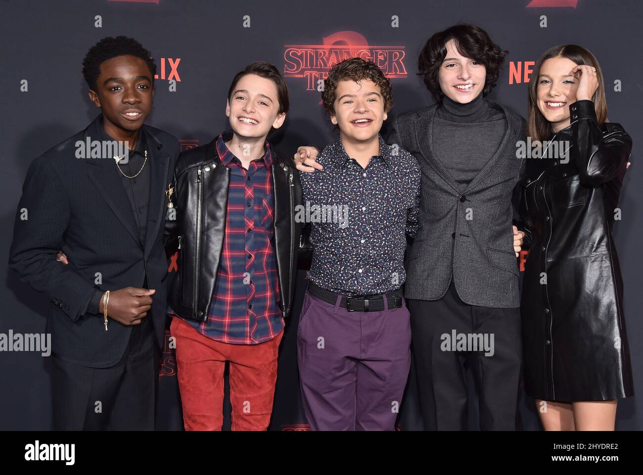 Caleb McLaughlin, Noah Schnapp,Gaten Matarazzo, Finn Wolfhard and Millie Bobby Brown attending ...