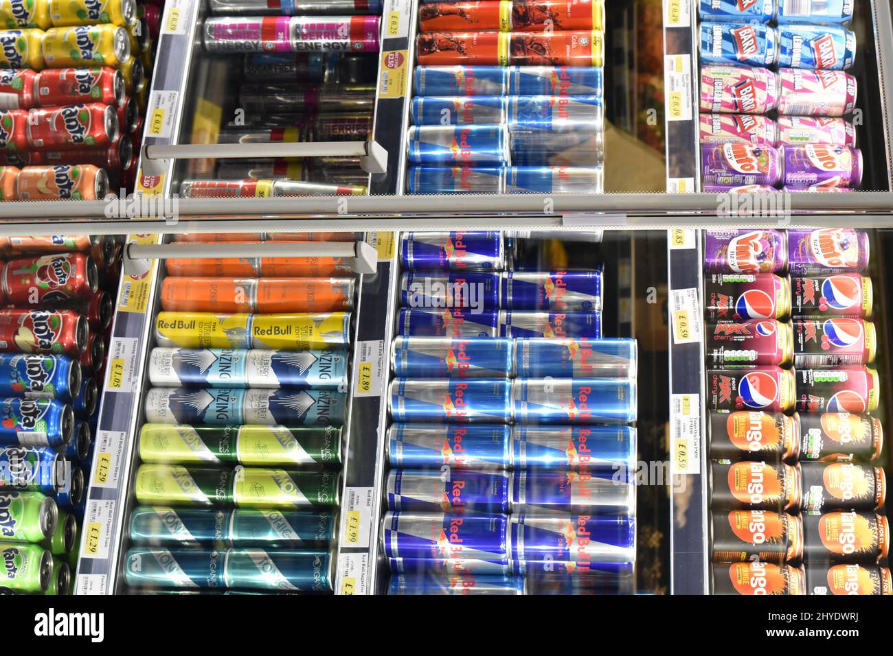 Shot of energy and fresh drinks on display in supermarket fridge Stock ...