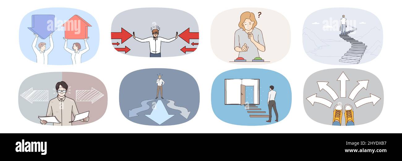 Set of businesspeople make decision unsure about career path ...