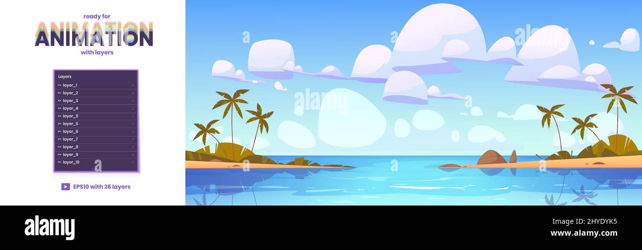 Tropical ocean beach with palm trees. Vector parallax background ready ...