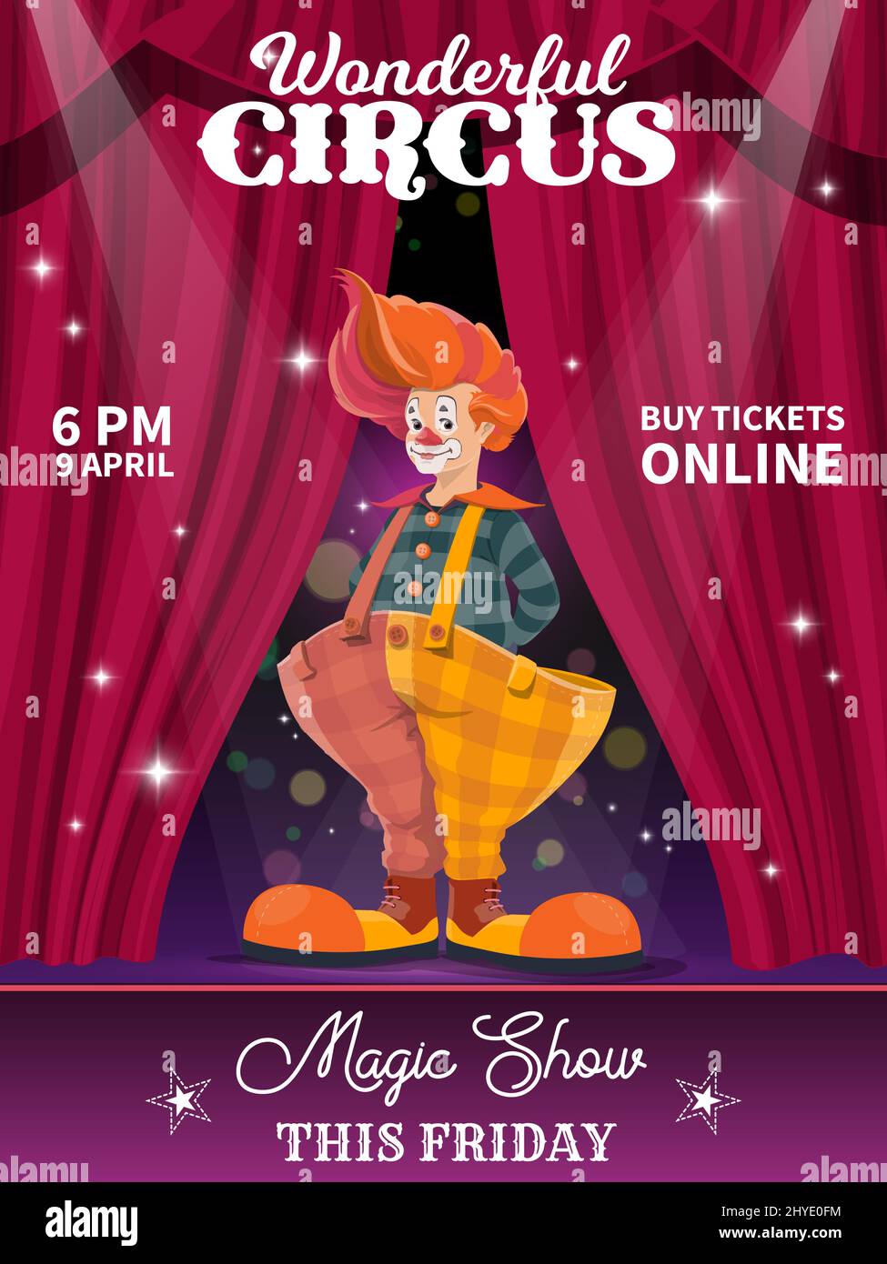 Chapiteau circus flyer with cartoon clown standing on stage with ...