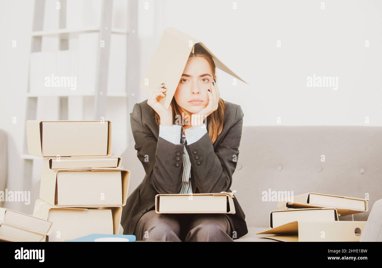 Busy business woman, secretary girl working alone late in office. Angry ...