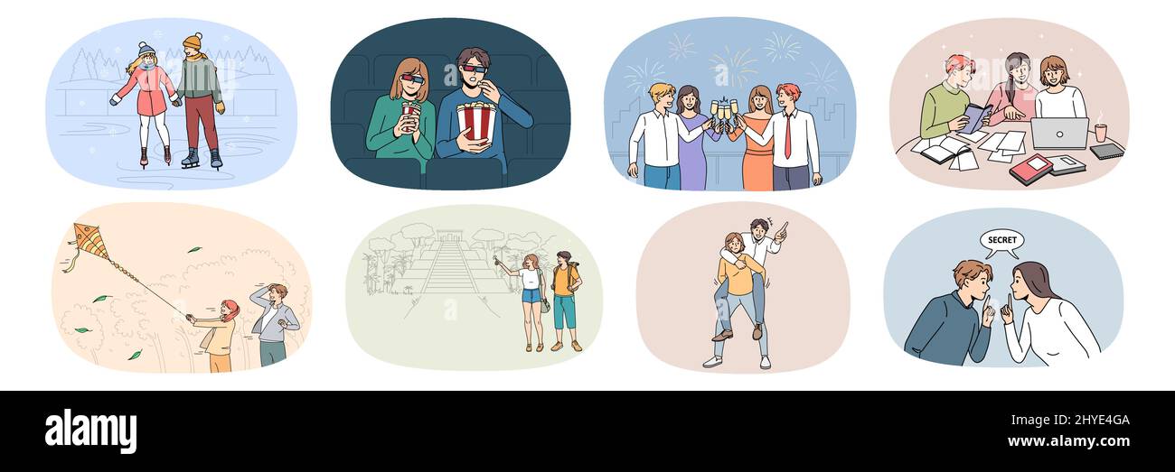 Collection of happy friends have fun enjoy leisure weekend relaxing ...