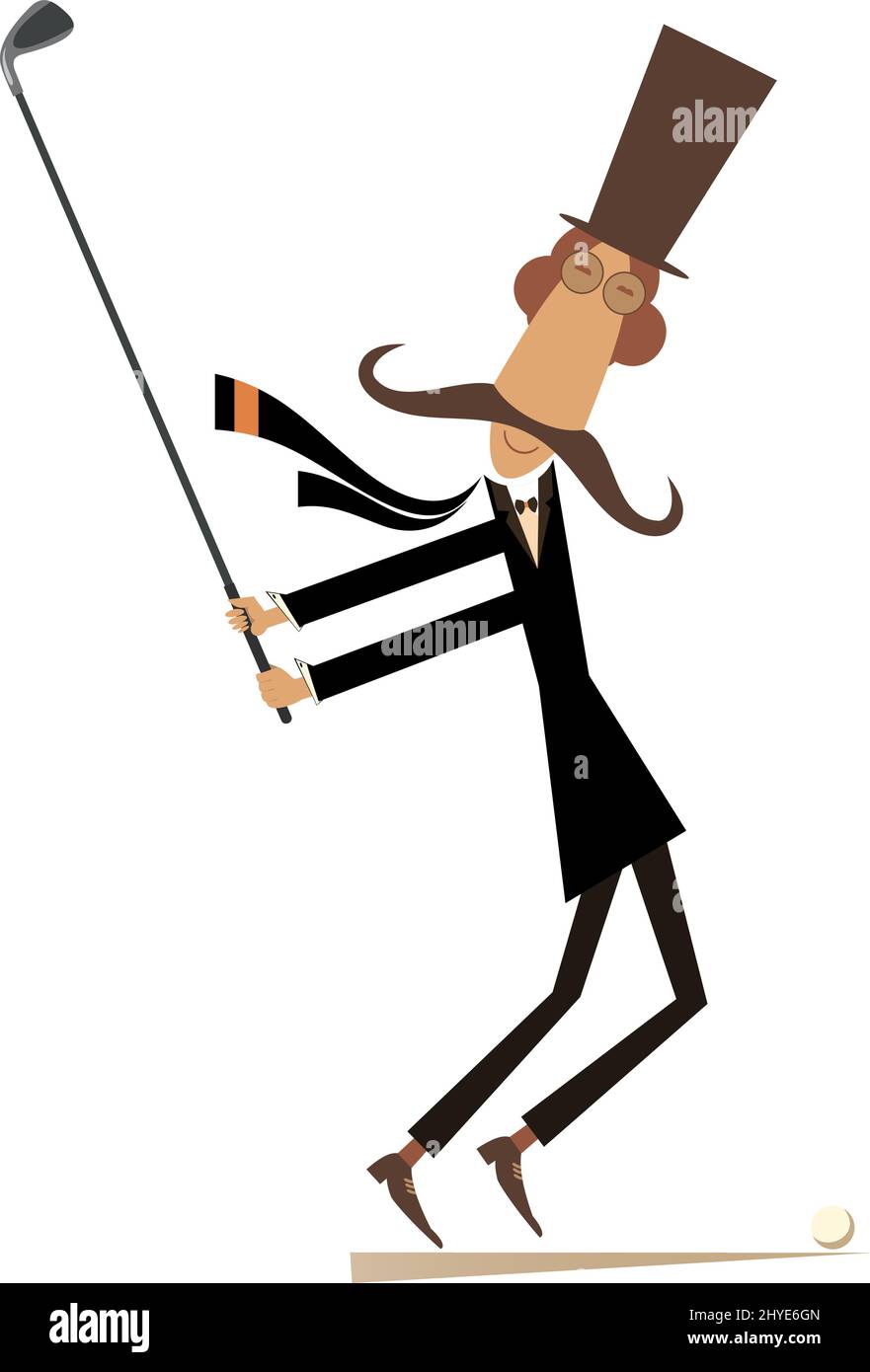 Funny long mustache man plays golf illustration. Cartoon long mustache ...