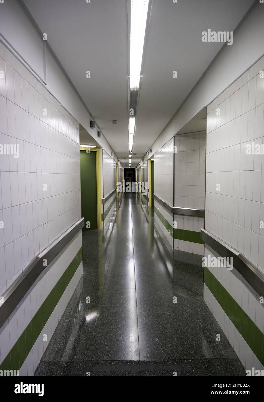 Hospital interior corridor, construction and architecture, passageway ...