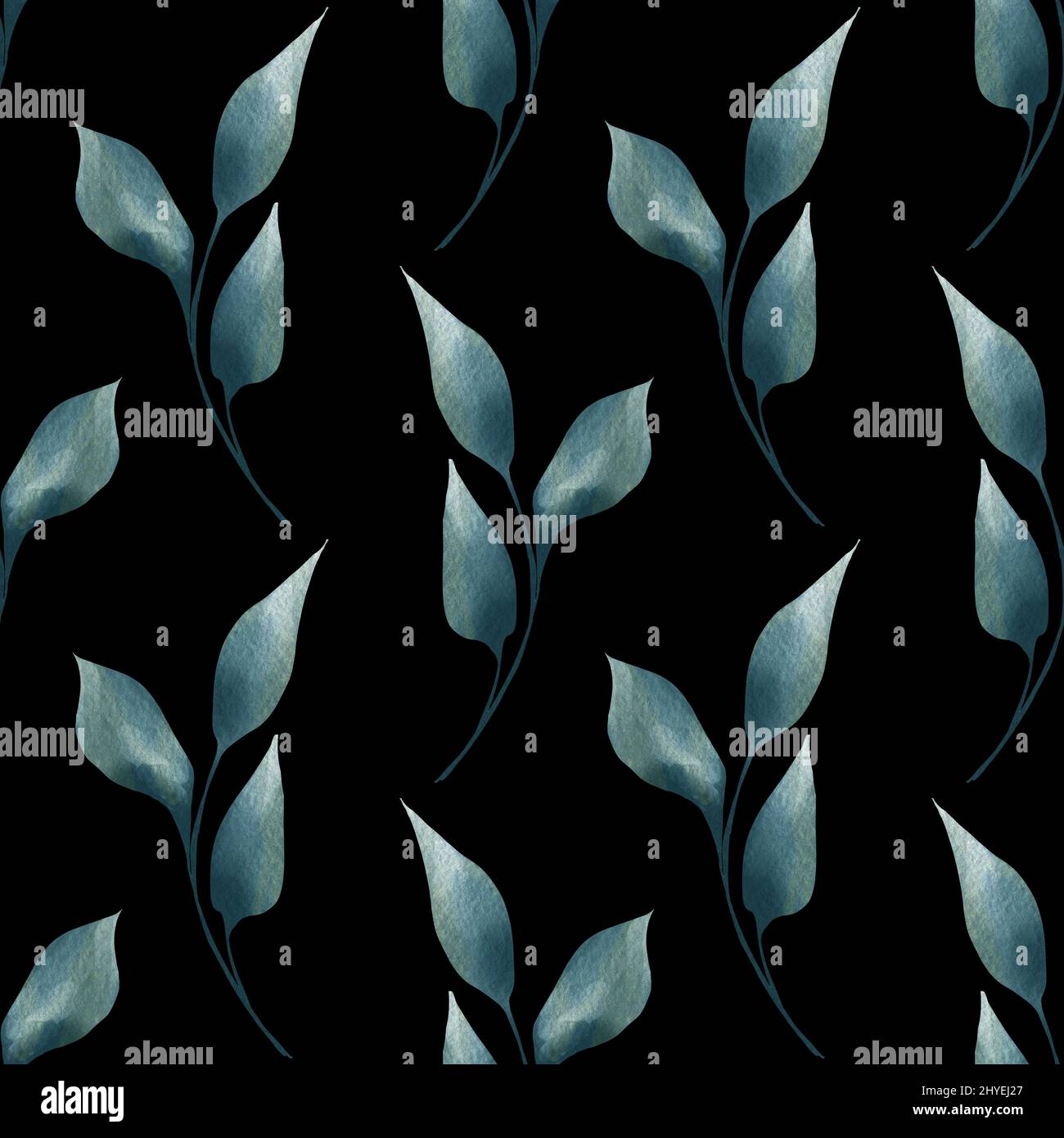Leaves and branches seamless pattern on black background. Watercolor ...