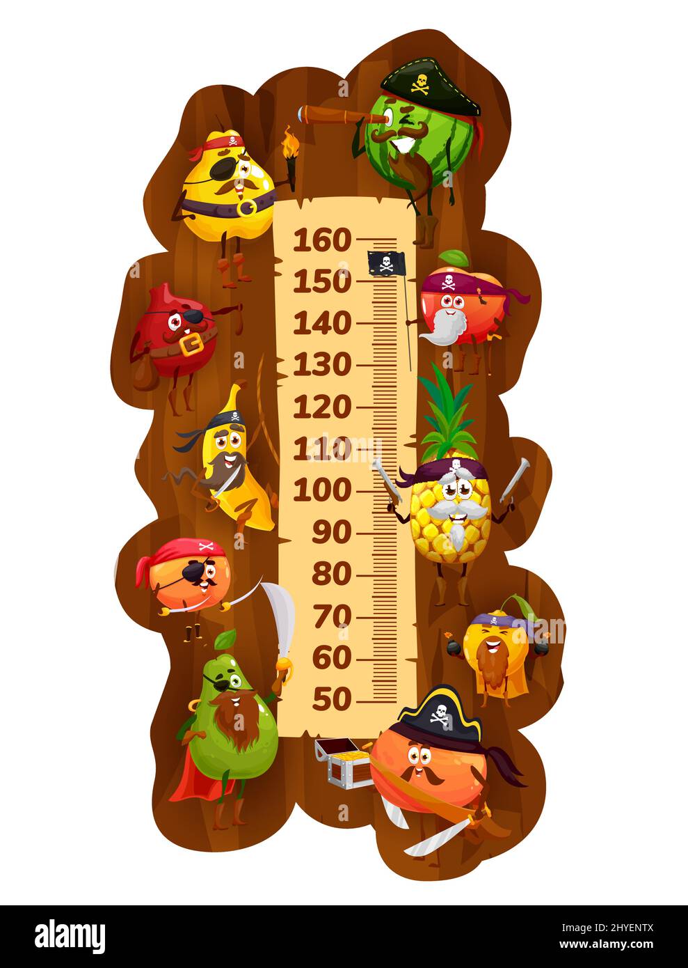Kids height chart, cartoon fruits pirates and corsairs, vector growth ...