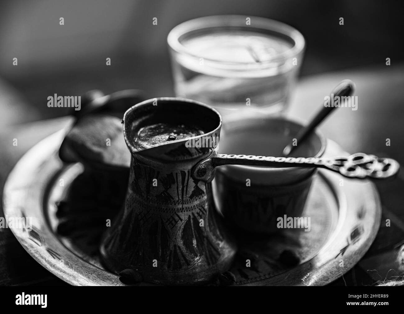 Grayscale of the Traditional Bosnian and Modern Coffee Stock Photo - Alamy
