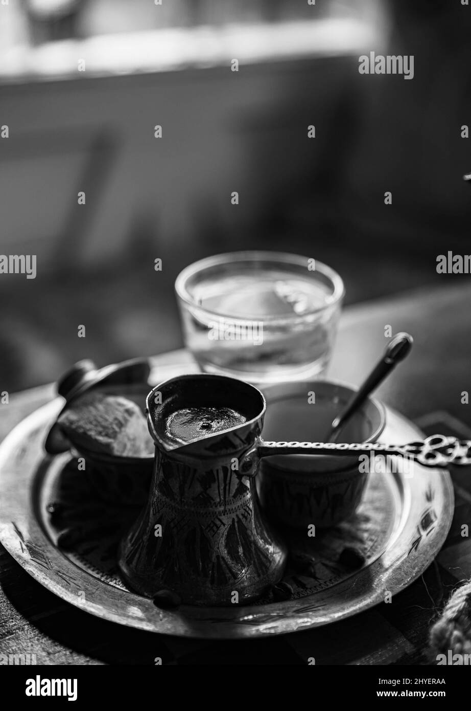 Grayscale of the Traditional Bosnian and Modern Coffee Stock Photo - Alamy