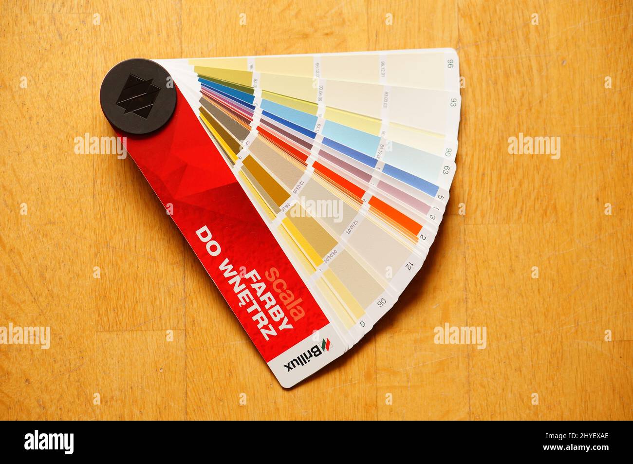 Closeup of the Brillux brand color sample labels laying on a table ...