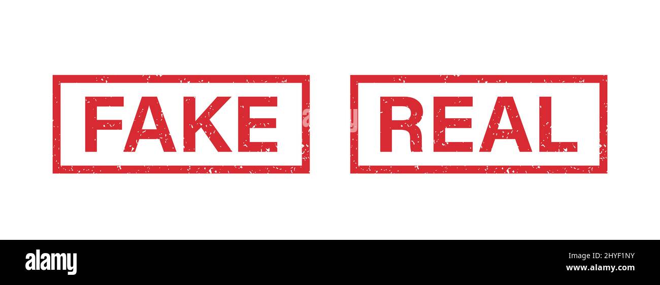 Fake and Real word grunge rubber stamp for media and documents. Fake ...
