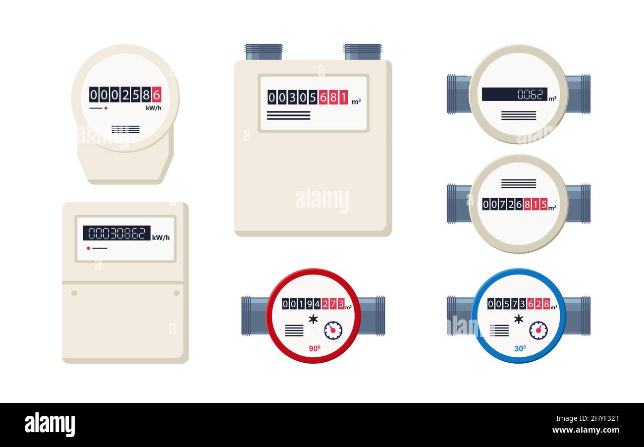 Gas, water and electric meters. Industrial and household meters set ...