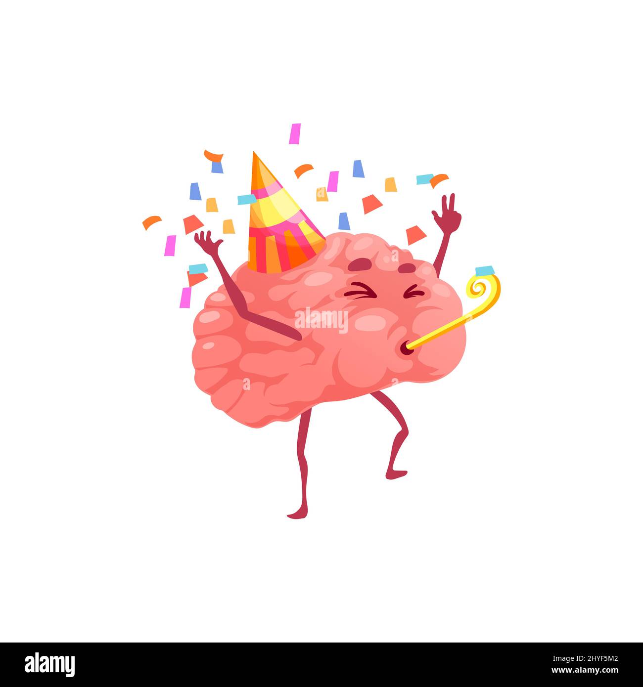 Happy brain character with cone shape hat celebrating birthday party ...