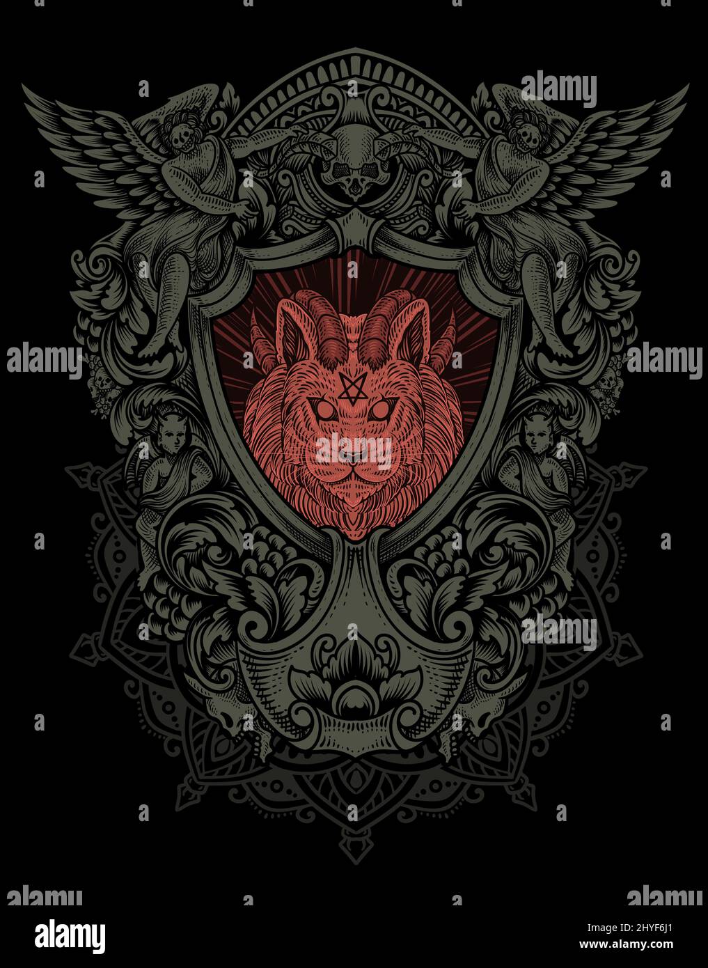 illustration vintage demon cat with engraving style Stock Vector Image ...