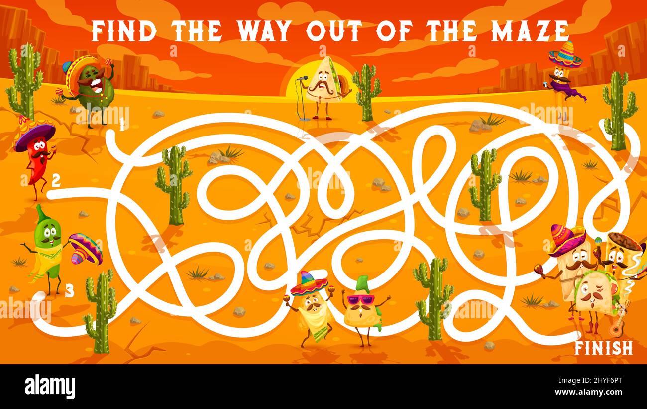 Labyrinth maze kids game, cartoon funny mexican food characters in ...