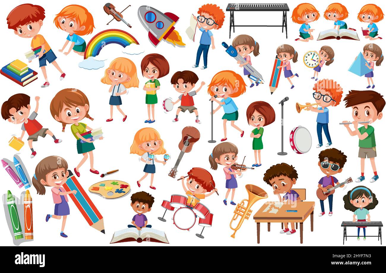 Collection of many kids doing different activities illustration Stock ...
