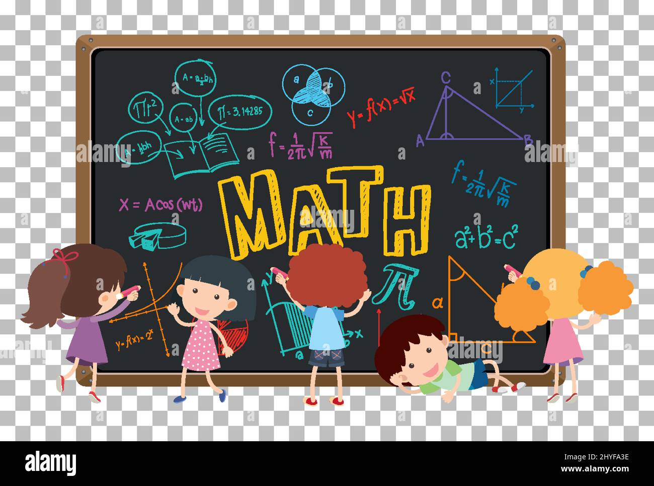 Student in front of blackboard full of math formula grid background ...