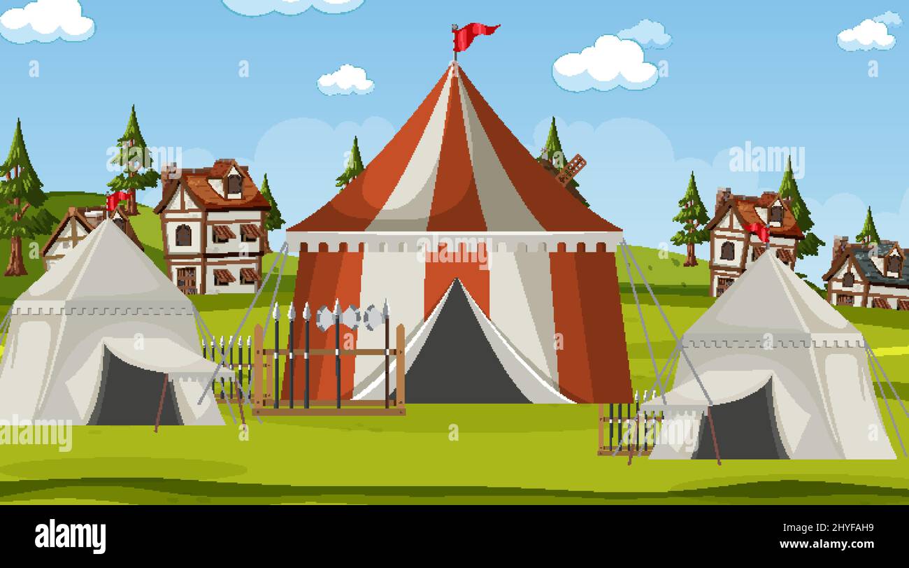 Medieval town scene camp with tents illustration Stock Vector Image ...
