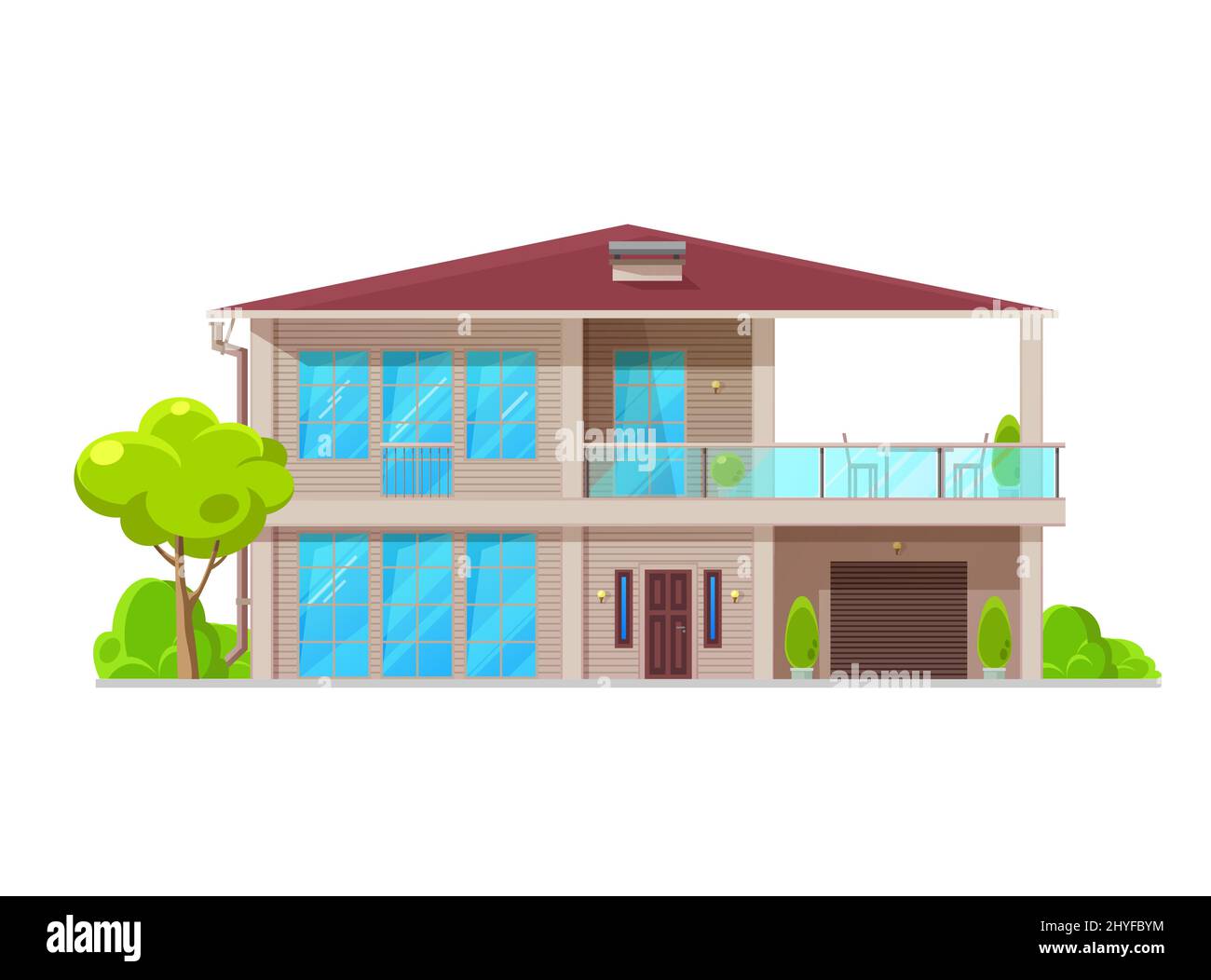 Suburban two-storey house building exterior with terrace, vector ...