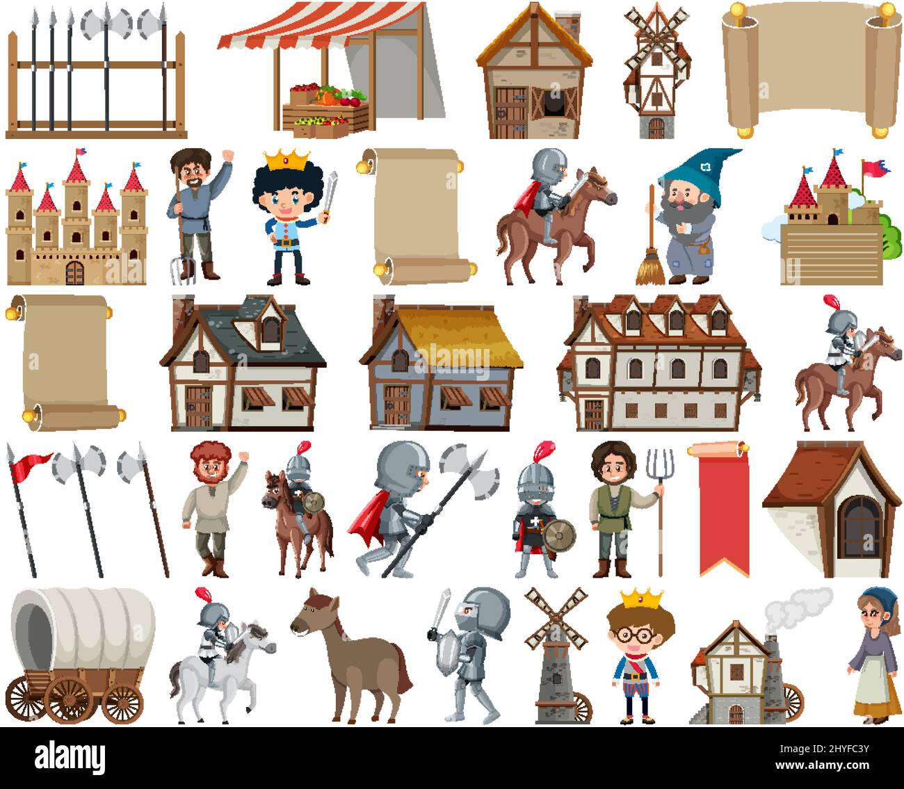 Medieval characters buildings set illustration Stock Vector Image & Art ...