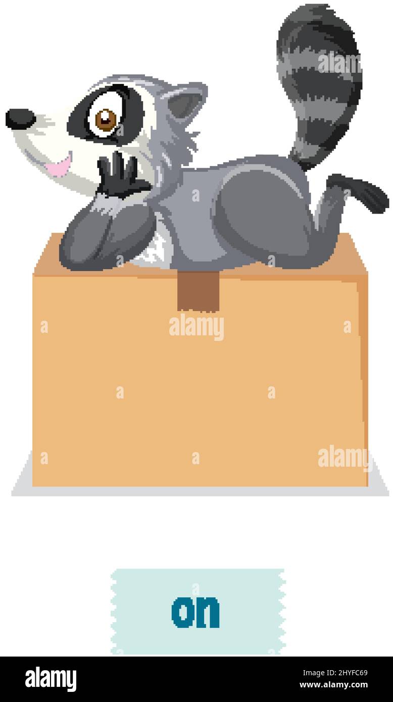 English prepositions, raccoons lie down on the boxes illustration Stock ...