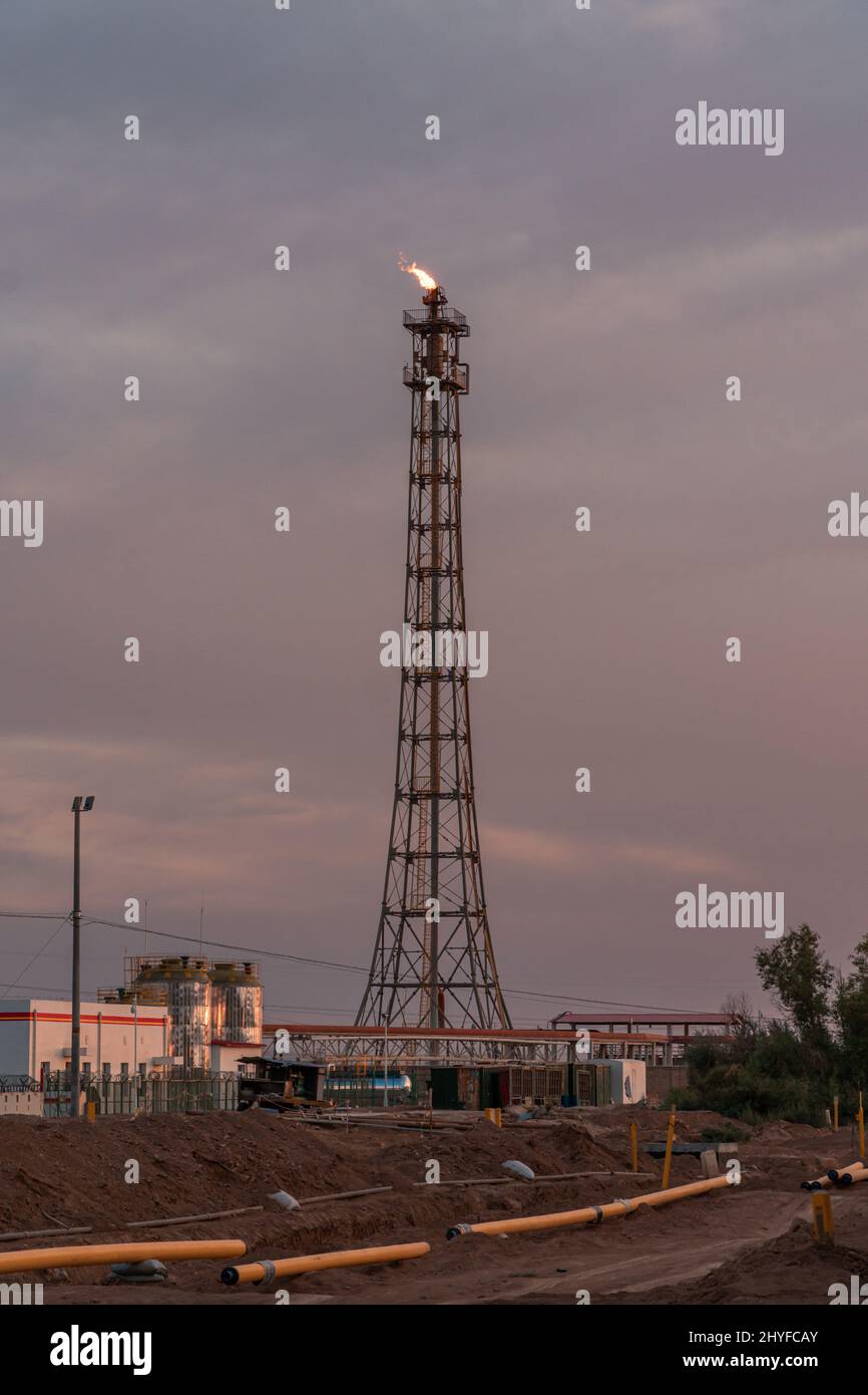 Vertical shot of a gas flare tower at a chemical plant in China Stock ...