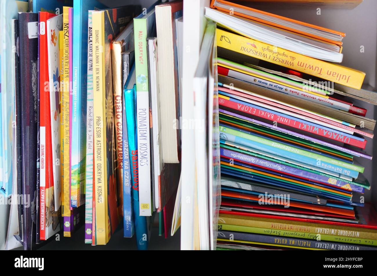 Closeup of a pile and row of colorful Polish children books on a shelf ...