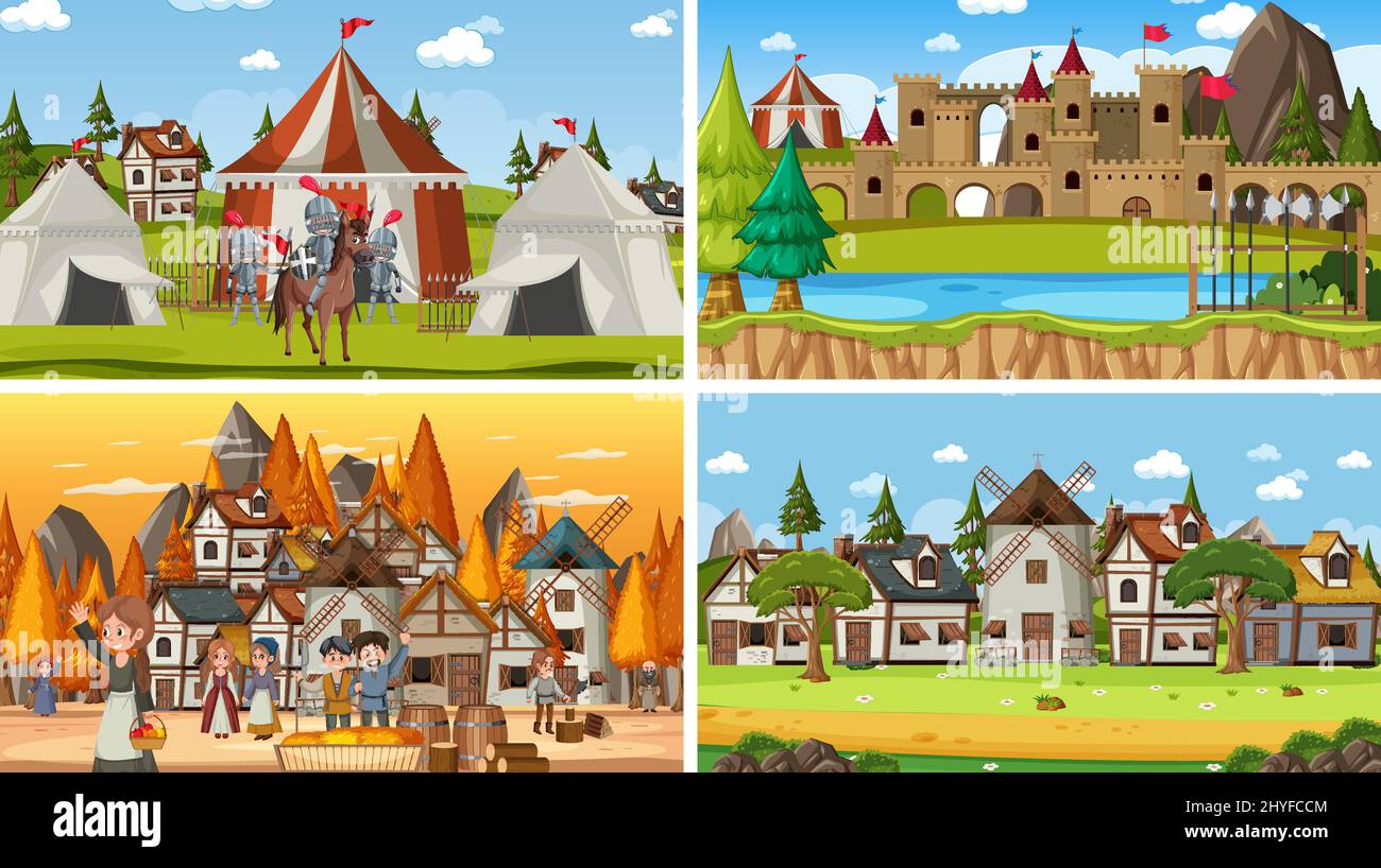 Set of different scene medieval illustration Stock Vector Image & Art ...